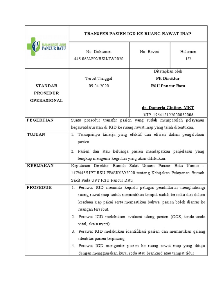 Spo Transfer Pasien IGD Ke Ruang Rawat Inap | PDF