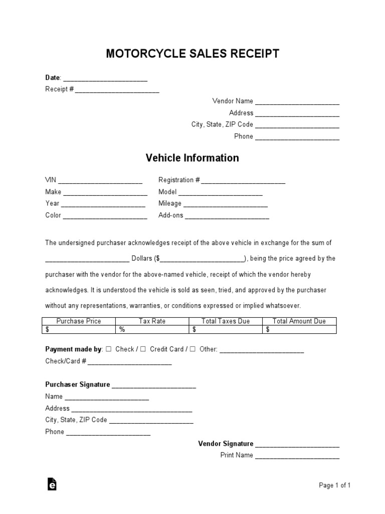 Motorcycle Sales Receipt Template | PDF