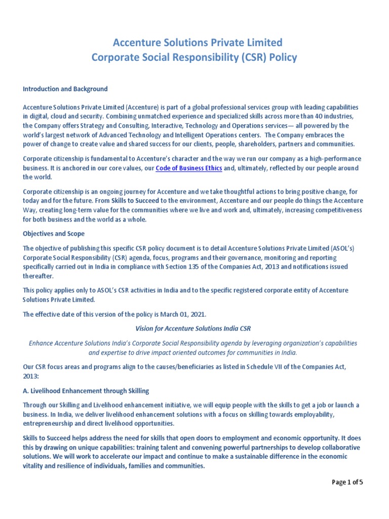 Accenture India CSR Policy Overview | PDF | Corporate Social ...