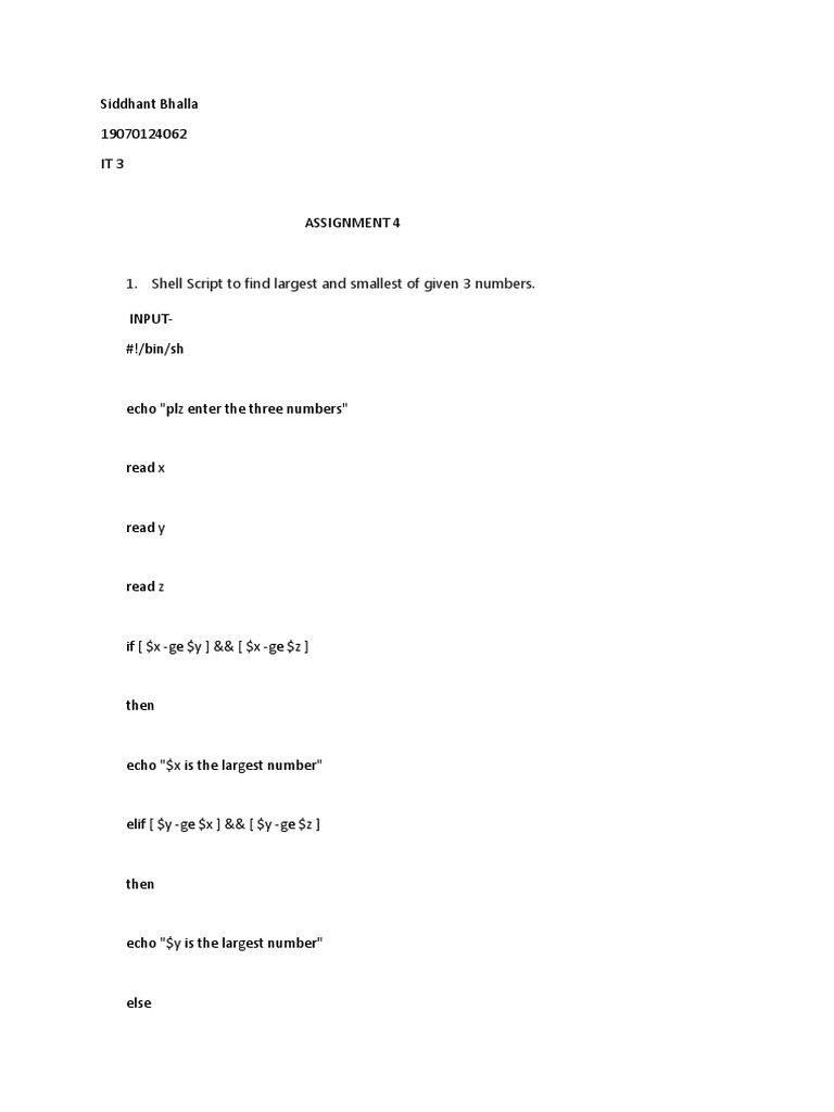 Shell Script To Find Largest and Smallest of Given 3 Numbers | PDF