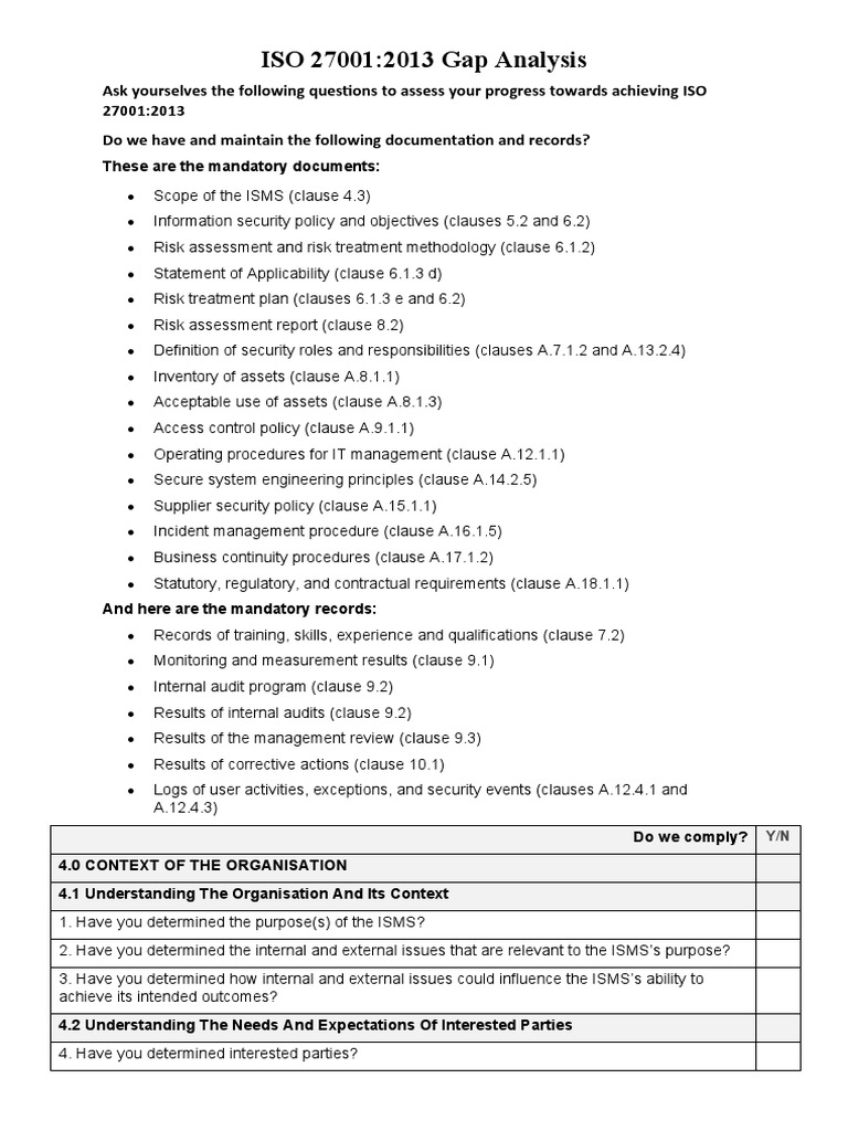Iso 27001 2013 Gap Analysis Pdf Information Security Risk