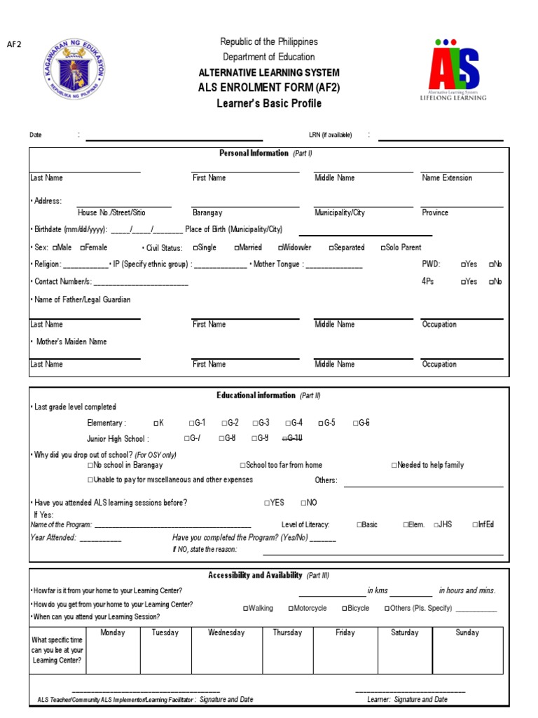 ALS Enrollment Form | PDF | Behavior Modification | Learning