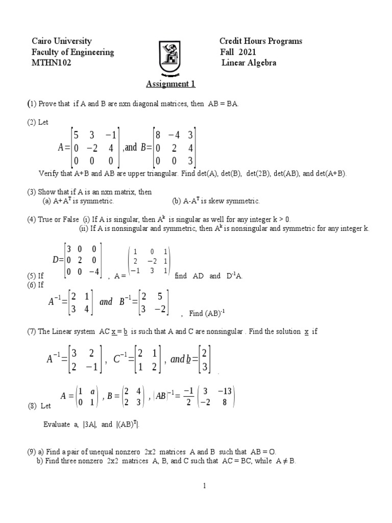 Linear Algebra - Assignment 1 - Fall 2021 | PDF | System Of Linear Equations | Matrix (Mathematics)