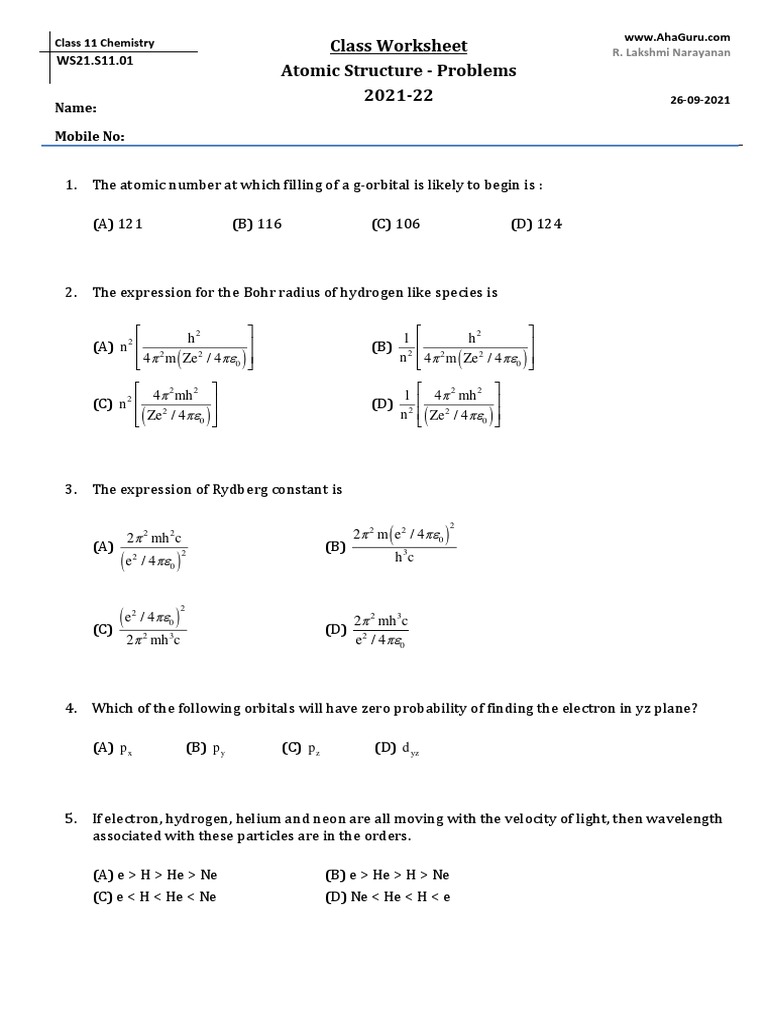 Class Worksheet Atomic Structure - Problems 2021-22: H N 4 Mze/4 1 H N ...