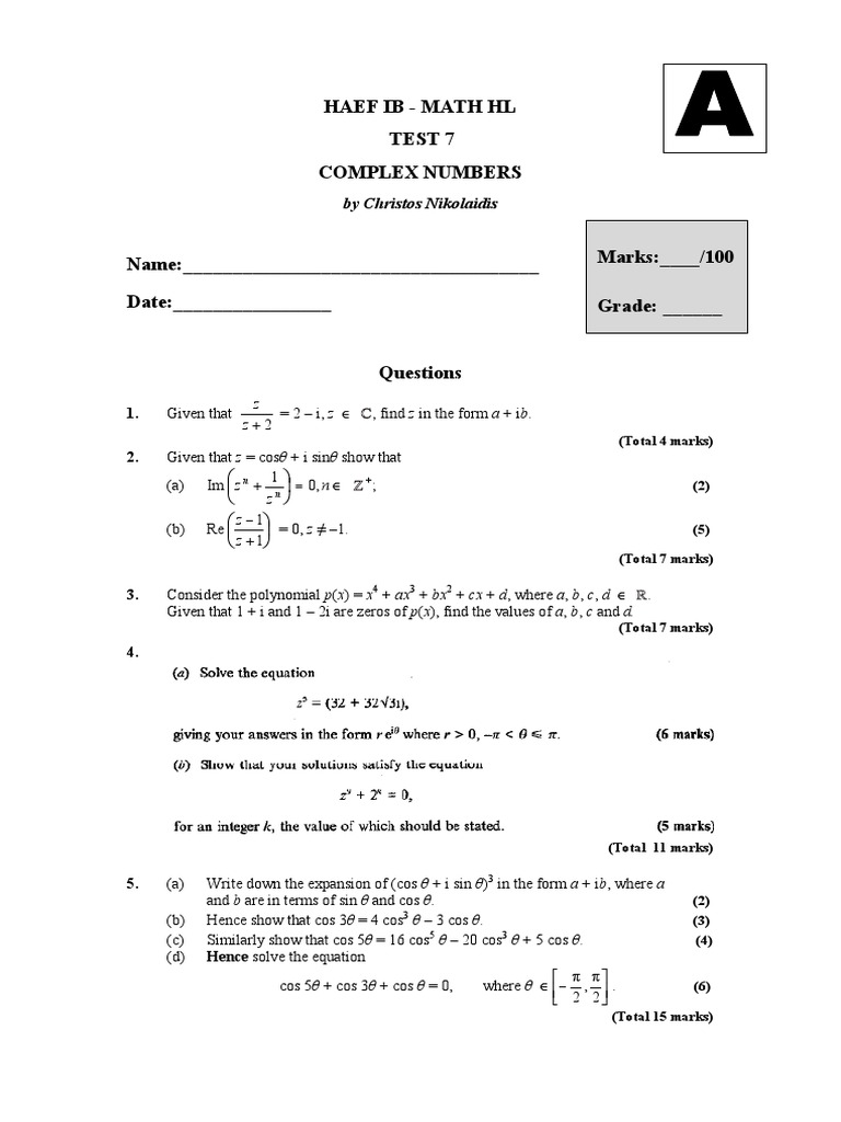 Math Complex Number Worksheet | PDF | Trigonometric Functions | Complex ...