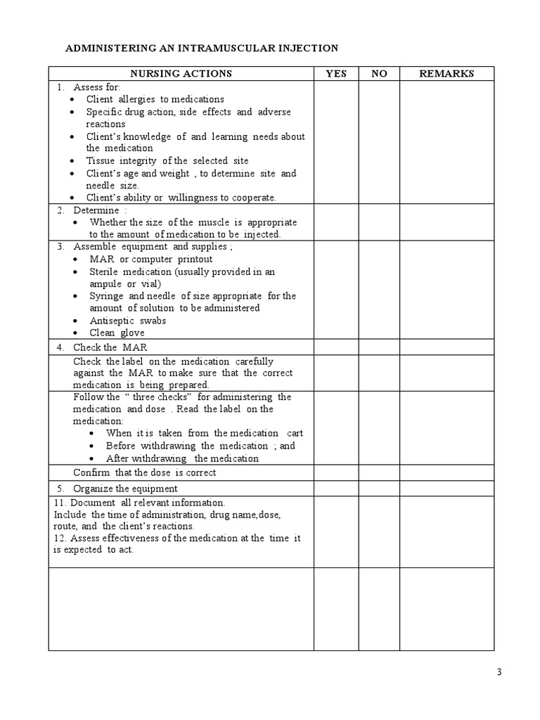 Administering An Intramuscular Injection Nursing Actions YES NO Remarks ...