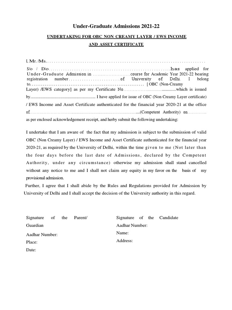 Under-Graduate Admissions 2021-22: Undertaking For Obc Non Creamy Layer / Ews Income and Asset ...
