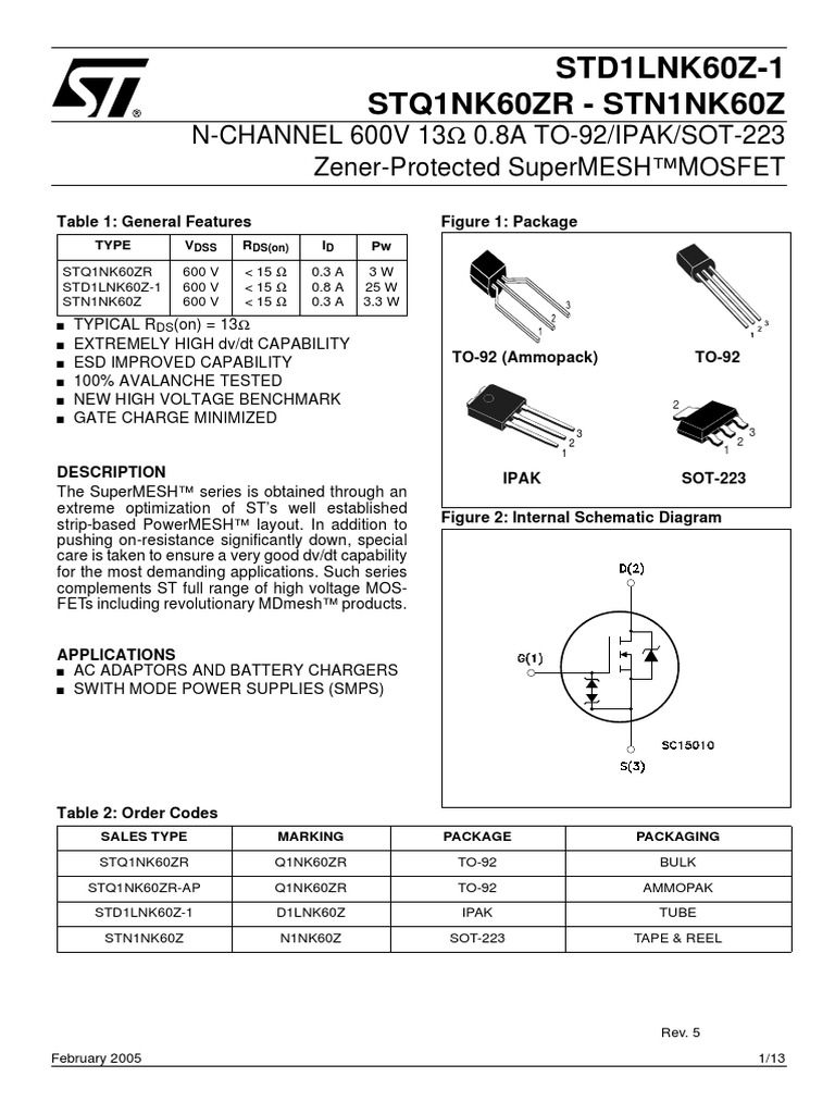 Std1Lnk60Z-1 Stq1Nk60Zr - Stn1Nk60Z: N-Channel 600V 13 0.8A To-92/Ipak ...
