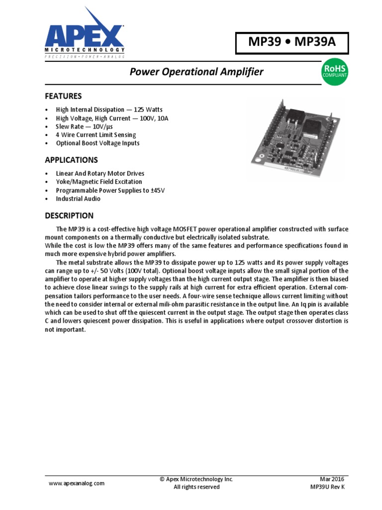 MP39 - MP39A: Power Operational Amplifier | PDF | Amplifier ...