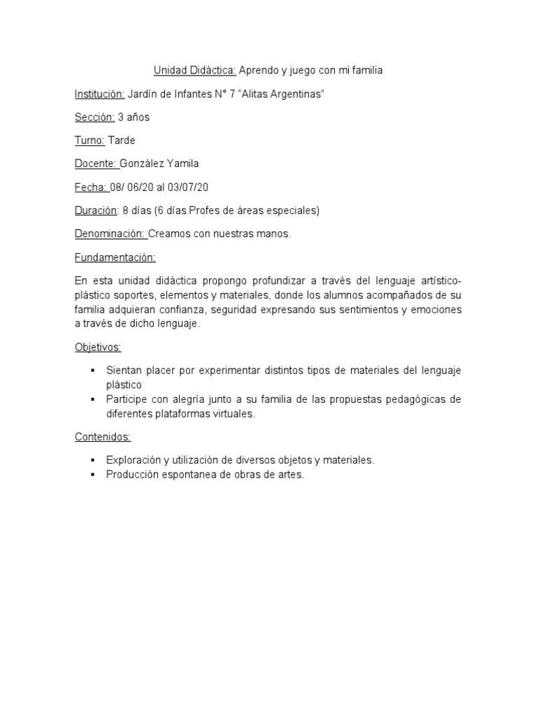 Unidad Didáctica Aprendo y Juego Con Mi Familia Yg | PDF | Artes del ...