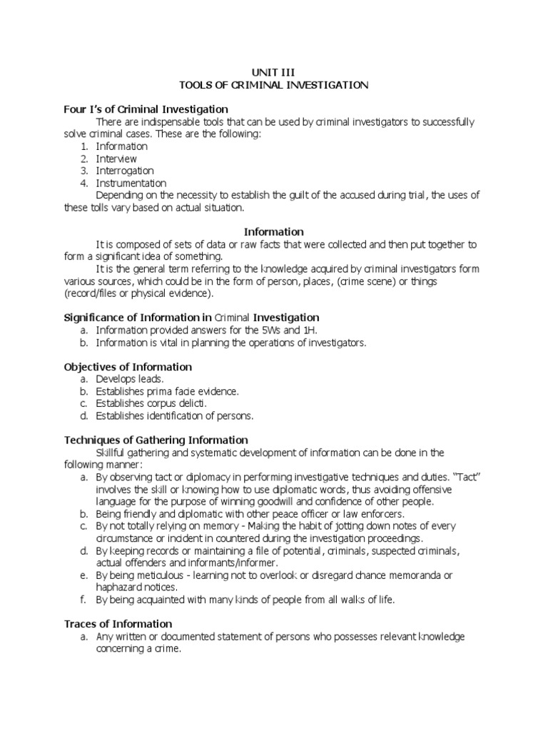Unit Iii Tools of Criminal Investigation Four I's of Criminal ...