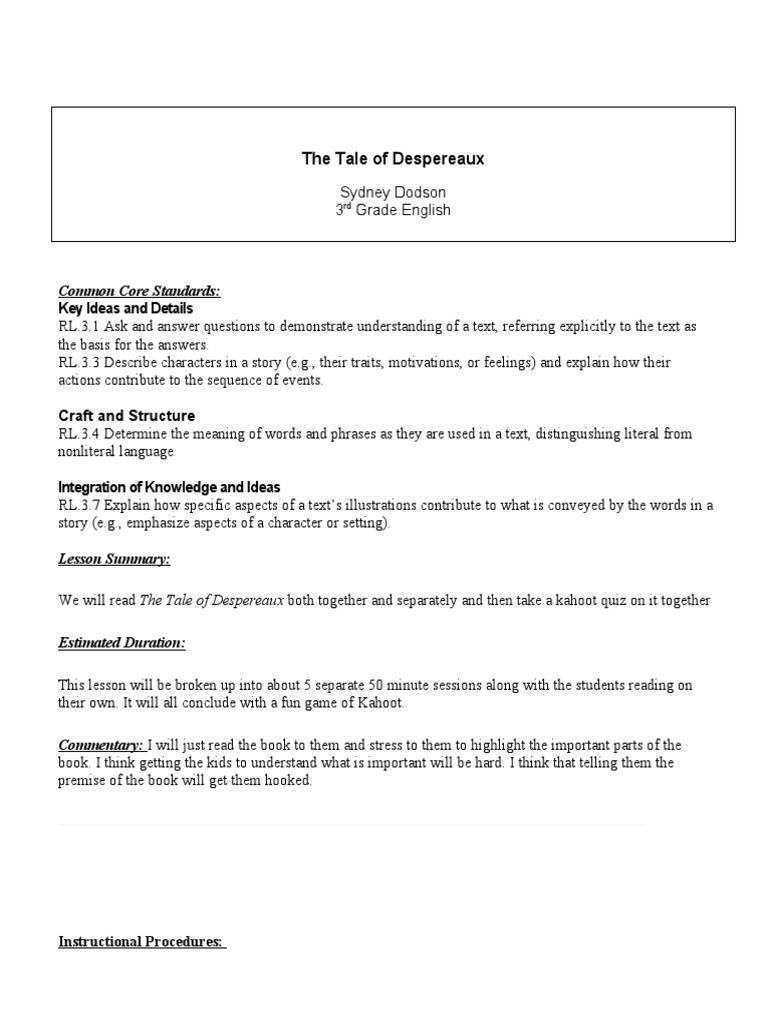 The Tale of Despereaux | PDF | Neuropsychological Assessment | Pedagogy