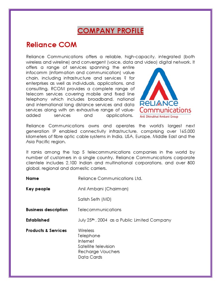 Company Profile - Reliance Communication | PDF | Telecommunication ...