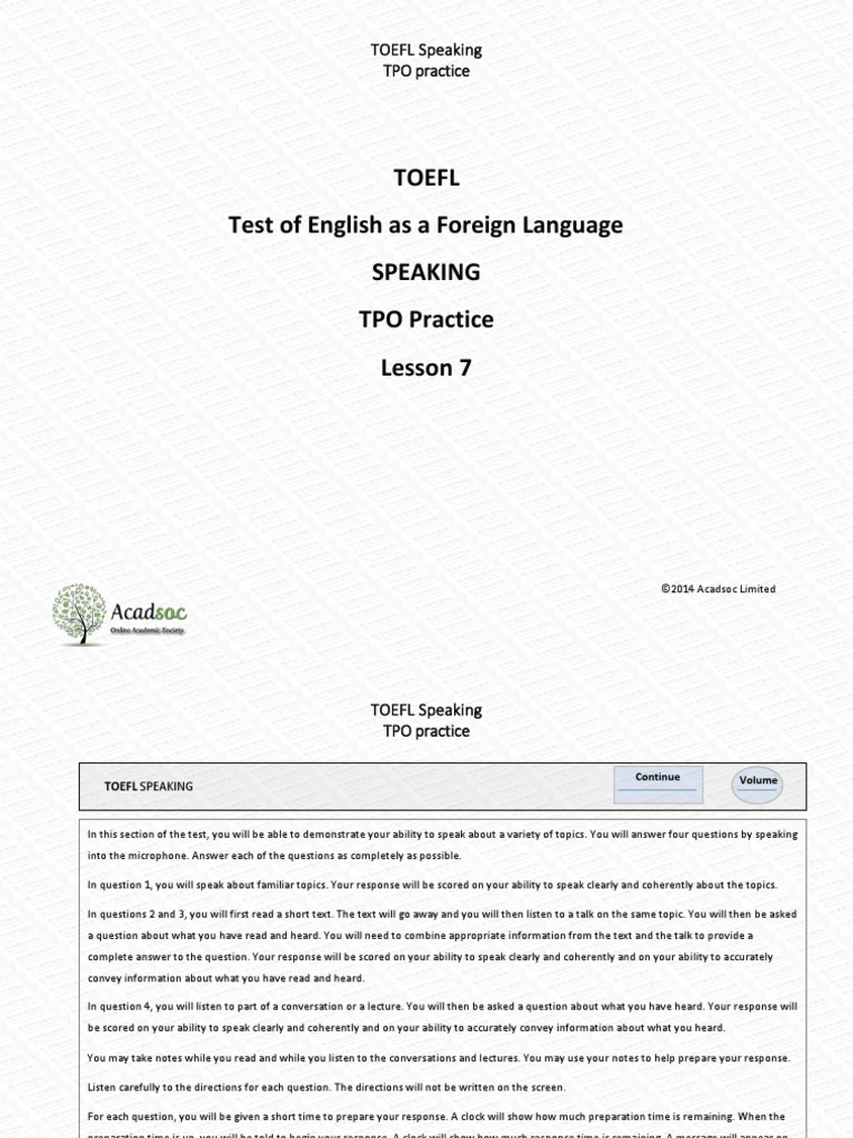 Toefl Test of English As A Foreign Language Speaking TPO Practice ...