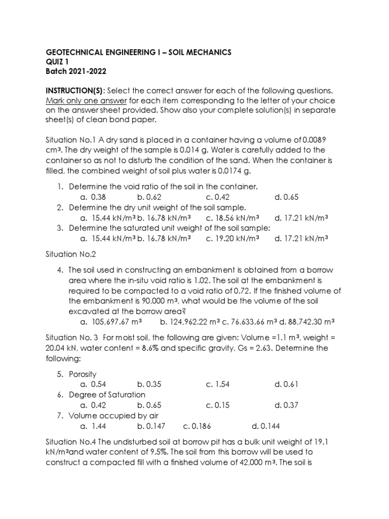 Geotechnical Engineering I - Soil Mechanics Quiz 1 Batch 2021-2022 INSTRUCTION (S) : Select The ...