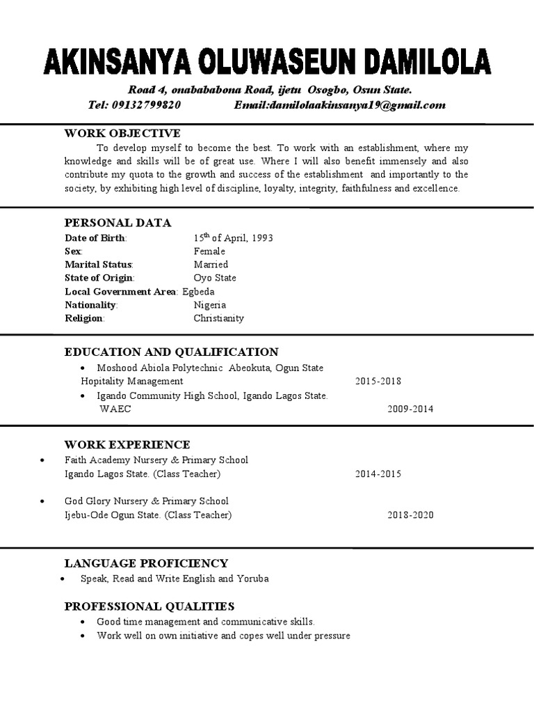 Road 4, Onabababona Road, Ijetu Osogbo, Osun State.: Work Objective | PDF