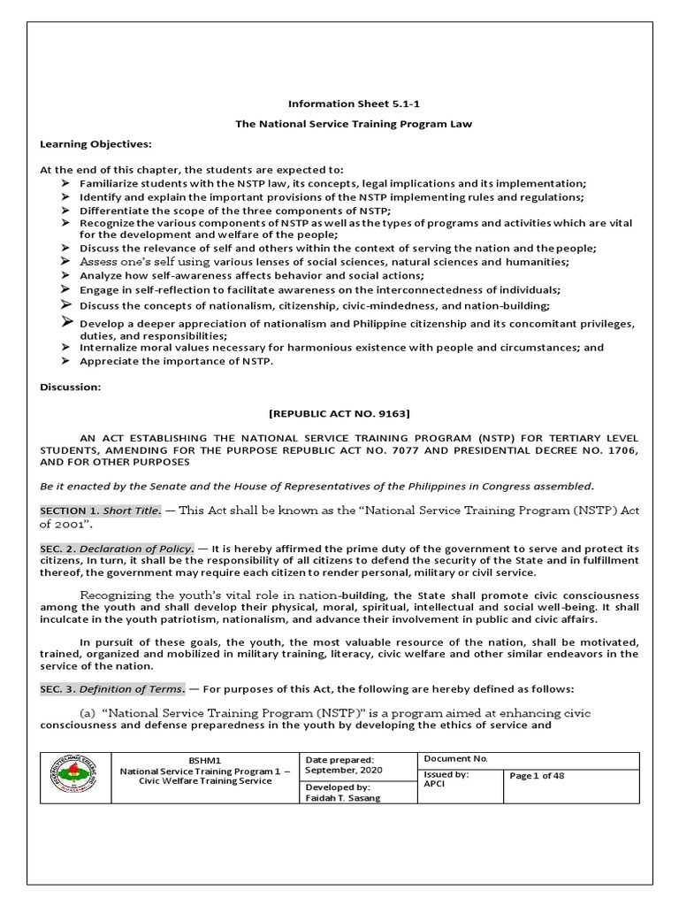 Information Sheet 5.1-1 The National Service Training Program Law | PDF ...