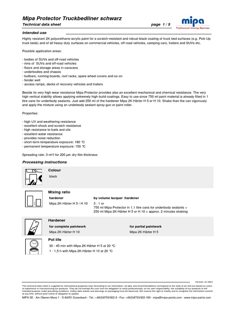 Mipa Protector Truckbedliner Schwarz: Technical Data Sheet Page 1 / 5 Intended Use | PDF | Paint ...