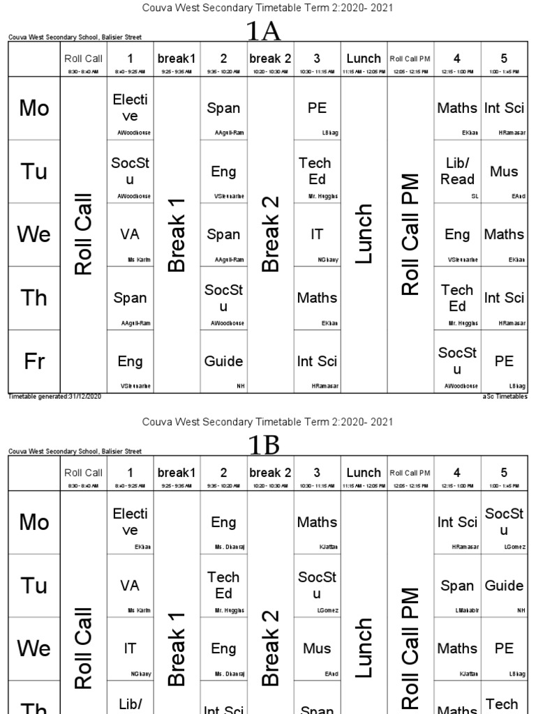 Couva West Secondary Timetable 2021 | PDF