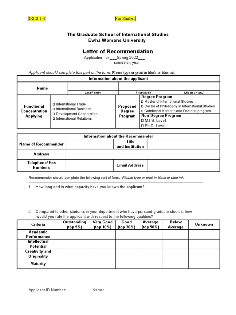 (GSIS 1-4) Letter of Recommendation 국제학과 추천서 | PDF | Doctor Of ...
