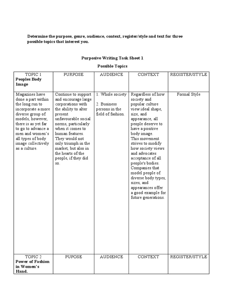 Determine The Purpose, Genre, Audience, Context, Register/style and ...
