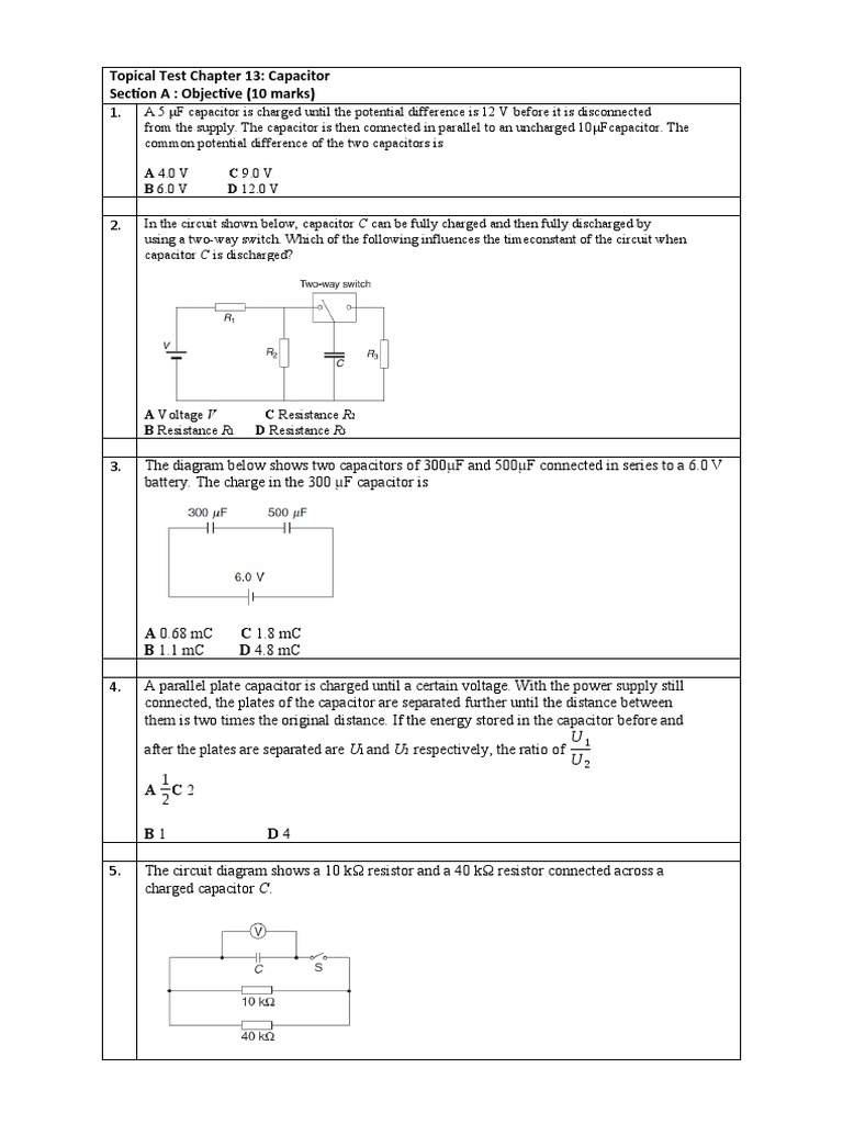 Topical Test Chapter 13: Capacitor Section A: Objective (10 Marks ...