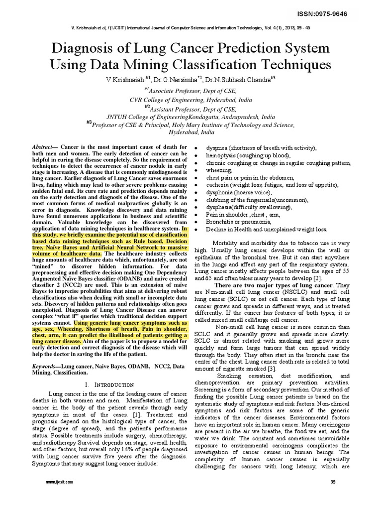 Diagnosis of Lung Cancer Prediction System Using Data Mining Classification Techniques | PDF ...