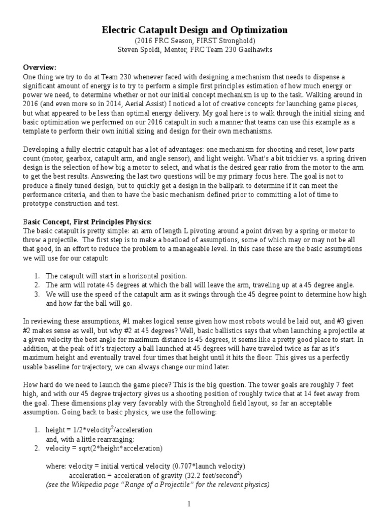 Electric Catapult Design for FRC 2016 | PDF | Torque | Electric Motor