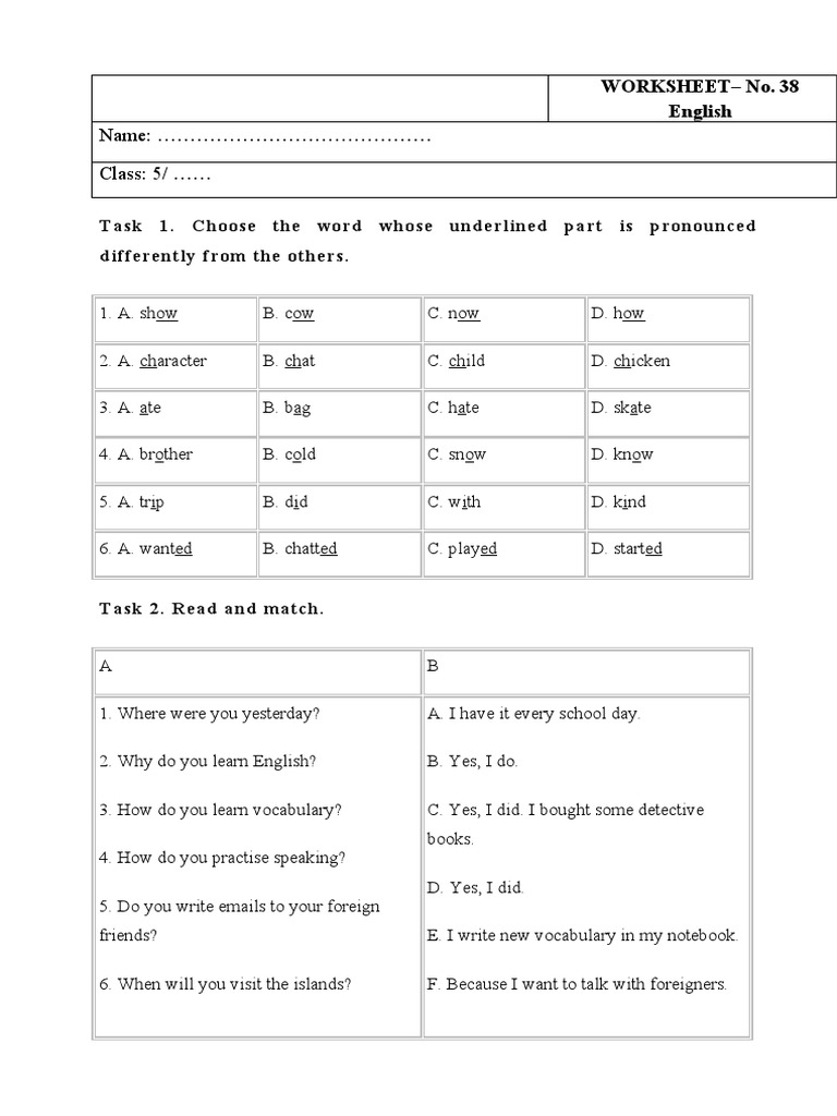 Name: Class: 5 | PDF | English Language | Linguistics