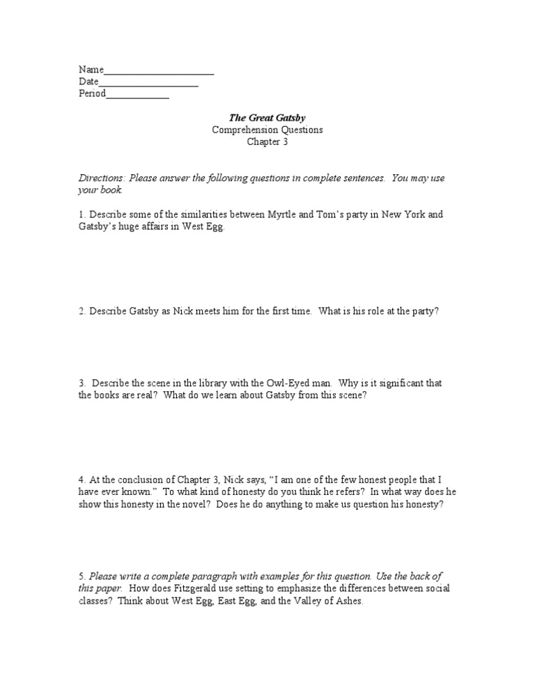 Gatsby Chapter 3 Study Guide | PDF | Home & Garden