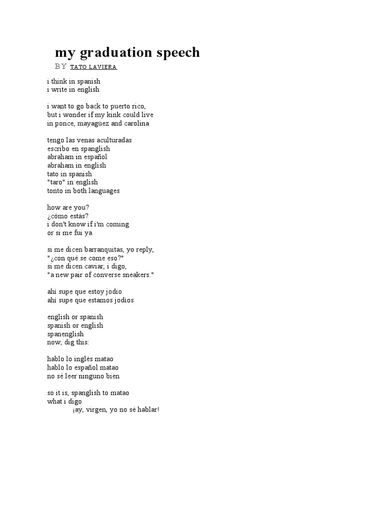 Tito Madera Smith, My Graduation Speech y Asimilao, Tato Laviera | PDF