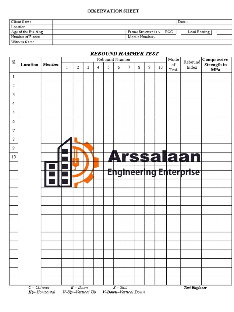 Rebound Hammer Test Observation Sheet | PDF