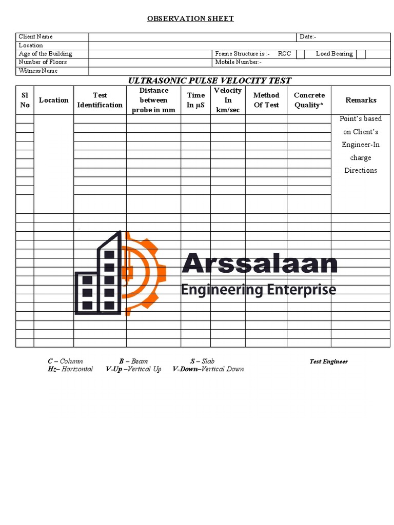 Ultrasonic Pulse Velocity Test: Observation Sheet | PDF