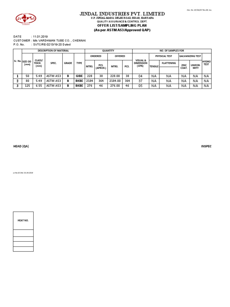 Jindal Industries Pvt. Limited: Offer List/Sampling Plan (As Per ASTM ...
