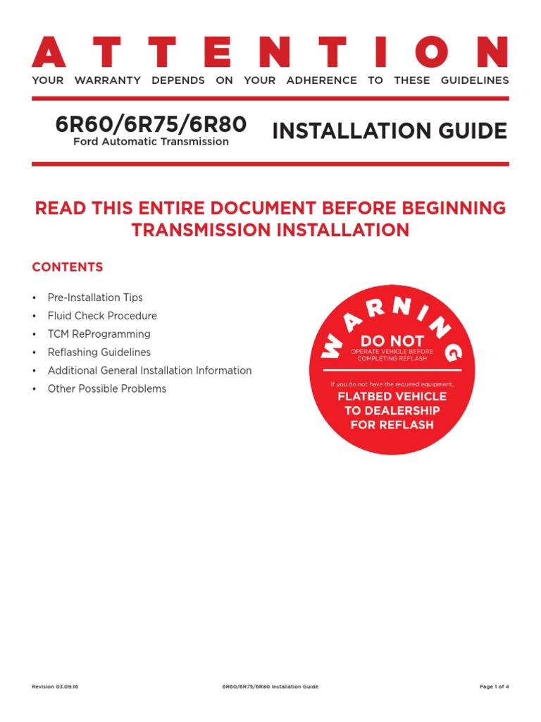 Attention: 6R60/6R75/6R80 Installation Guide | PDF | Transmission ...