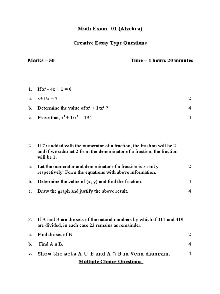 Math Exam - 01 (Alzebra) : Creative Essay Type Questions | PDF ...