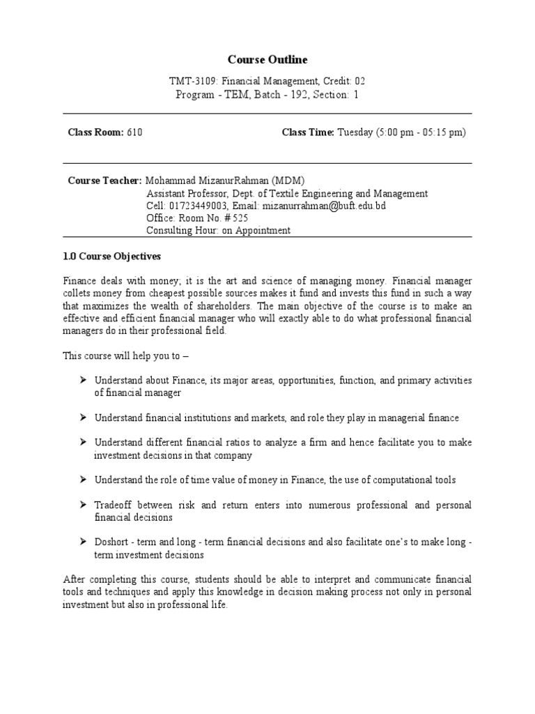 Financial Management Course Outline | PDF | Capital Budgeting | Present ...