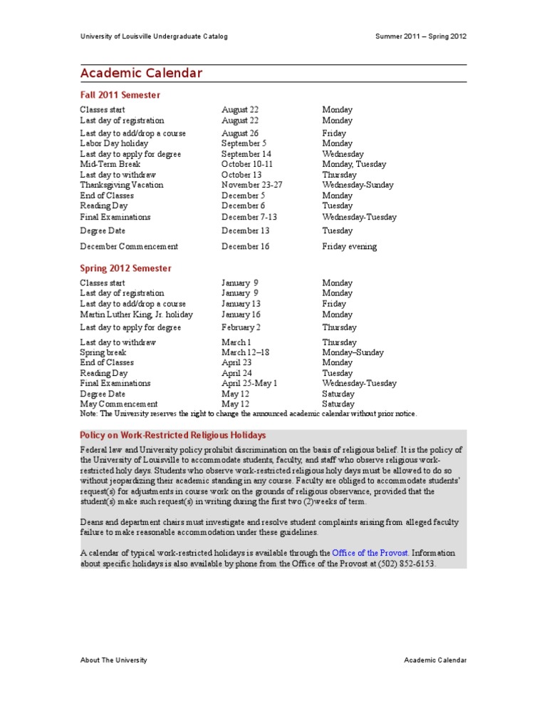 UofL Academic Calendar 2011-2012 | PDF | Self-Improvement | Wellness