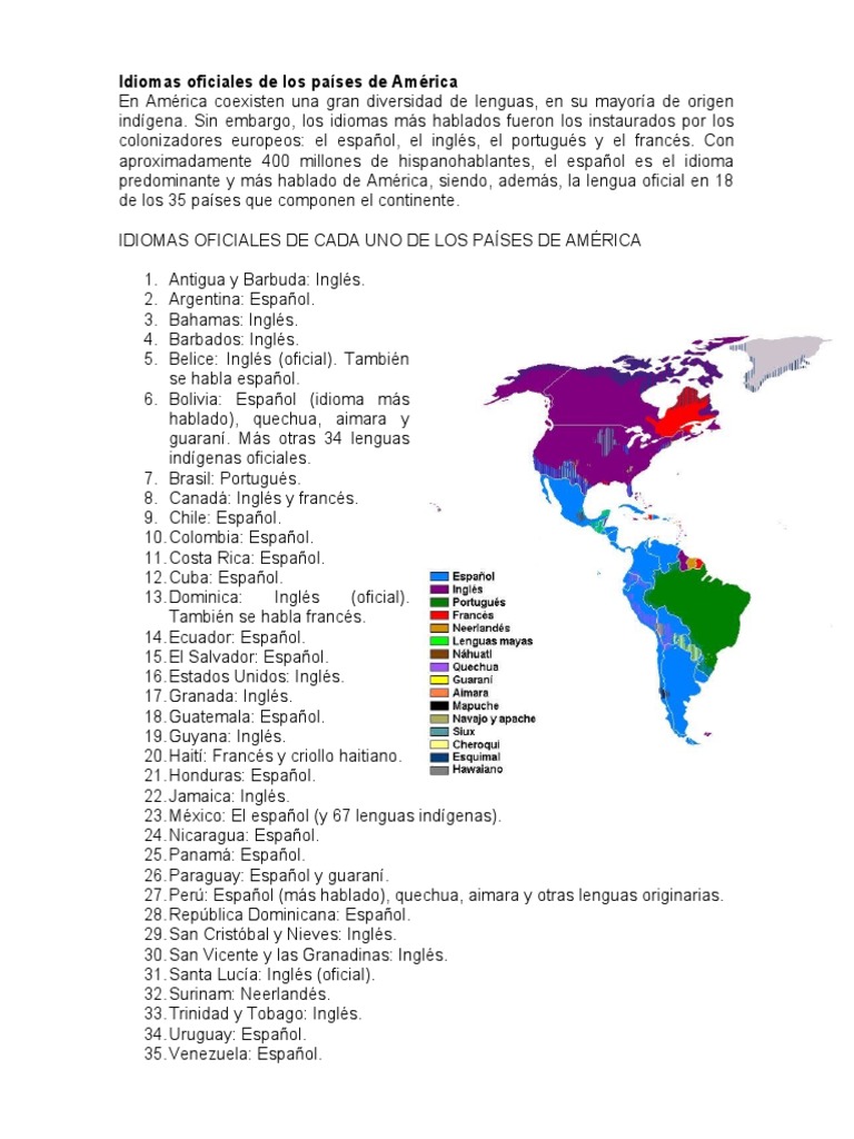 Idiomas Oficiales de Los Países de América | PDF | Lengua española ...