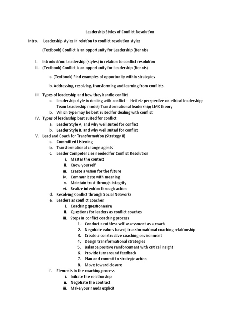 Leadership Styles of Conflict Resolution - Outline For Paper | PDF ...