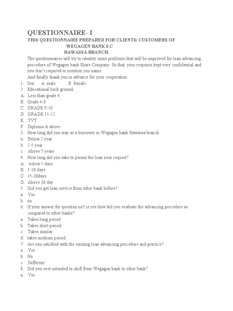 Questionnaire-I: This Questionnaire Prepared For Clients/ Customers of ...