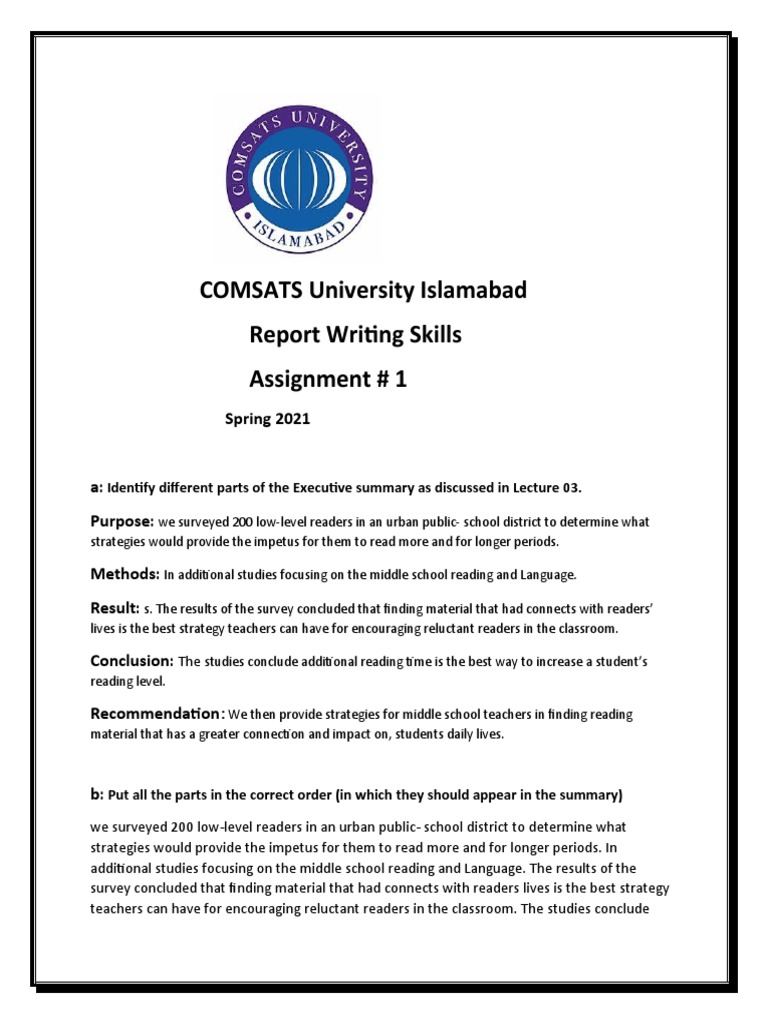COMSATS University Islamabad Report Writing Skills Assignment # 1 | PDF ...