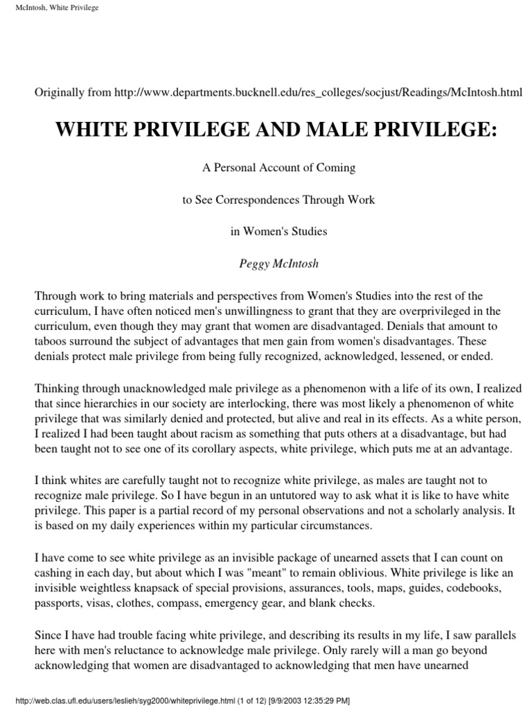 McIntosh White Privilege Male Privilege | PDF | Race (Human Categorization)