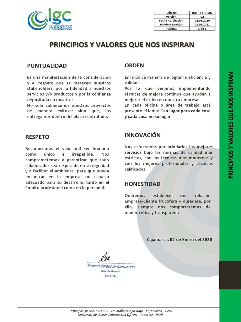 IGC-PT-SIG-007 Principios y Valores Version 02 | PDF