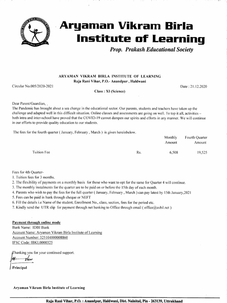 ARYAMAN VIKRAM BIRLA INSTITUTE OF LEARNING FEES CIRCULAR | PDF ...