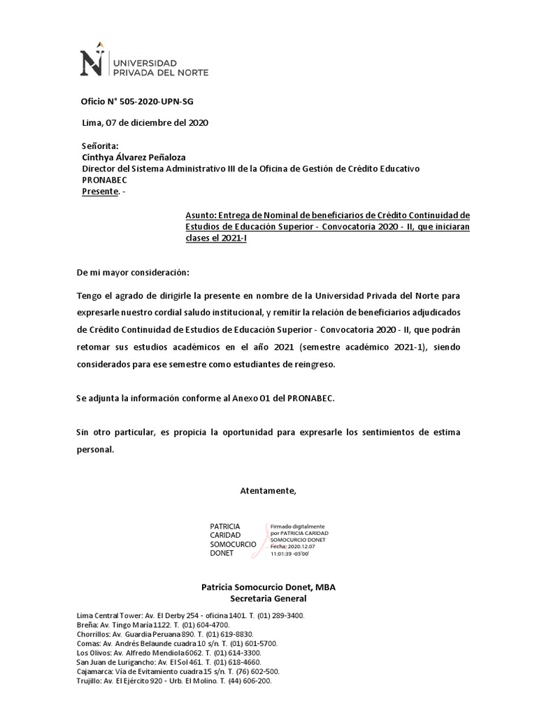 Oficio #505-2020-UPN-SG y Adjunto | PDF