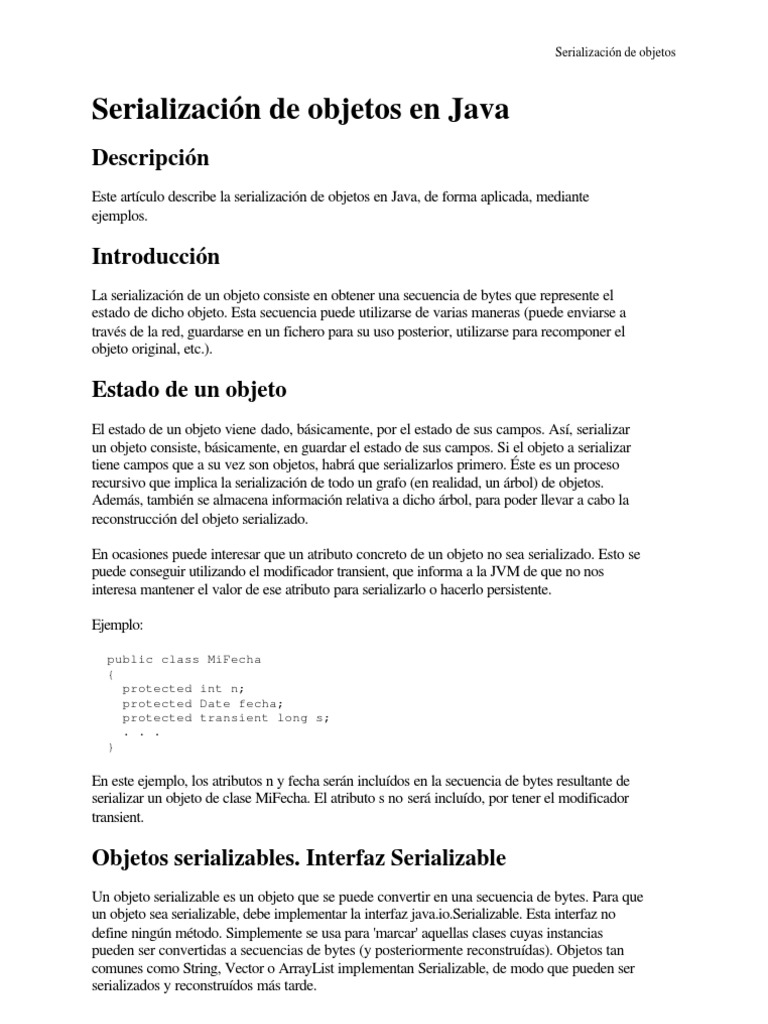Serialización en Java | PDF | Objeto (informática) | Java (lenguaje de programación)
