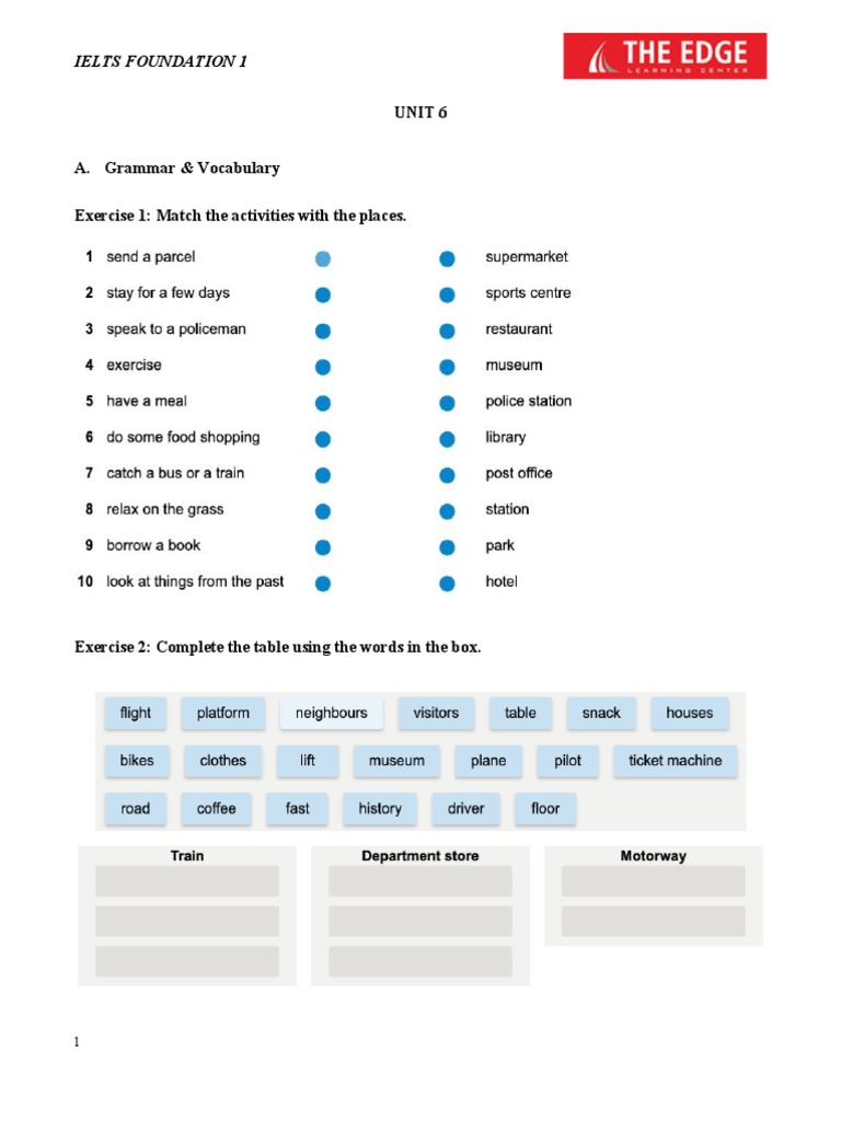 Unit 6 A. Grammar & Vocabulary Exercise 1: Match The Activities With ...