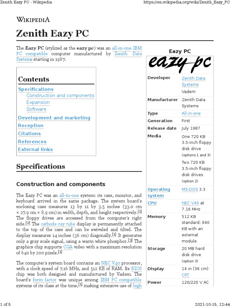 Zenith Eazy PC - Wikipedia | PDF | Office Equipment | Manufactured Goods