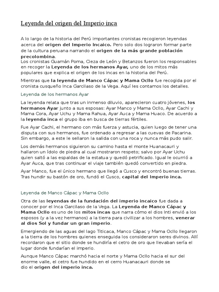 Leyendas del Origen del Imperio Inca | PDF | Imperio Inca